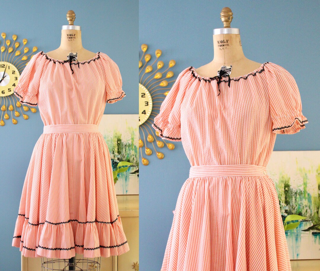 Vintage 1950s Peach-striped Seersucker Cotton 2pc. Square Dance Dance ...