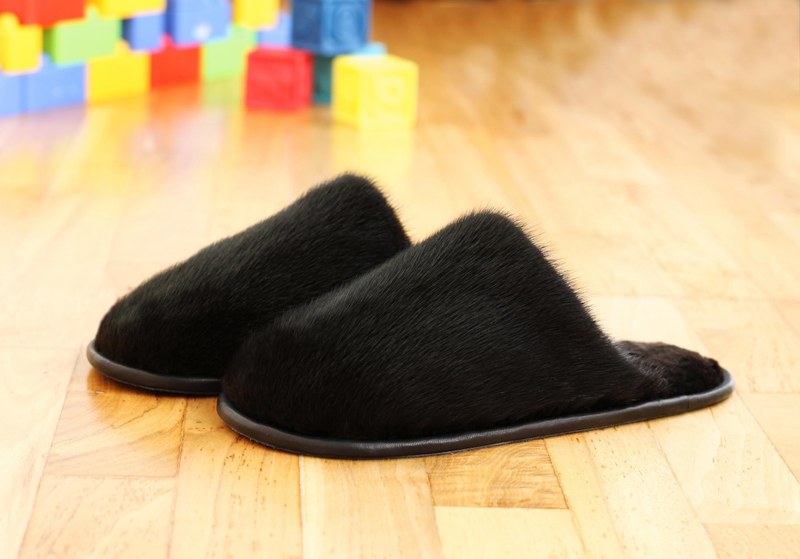 Real Fur Slippers for Women Real Black Mink Fur Street | Etsy