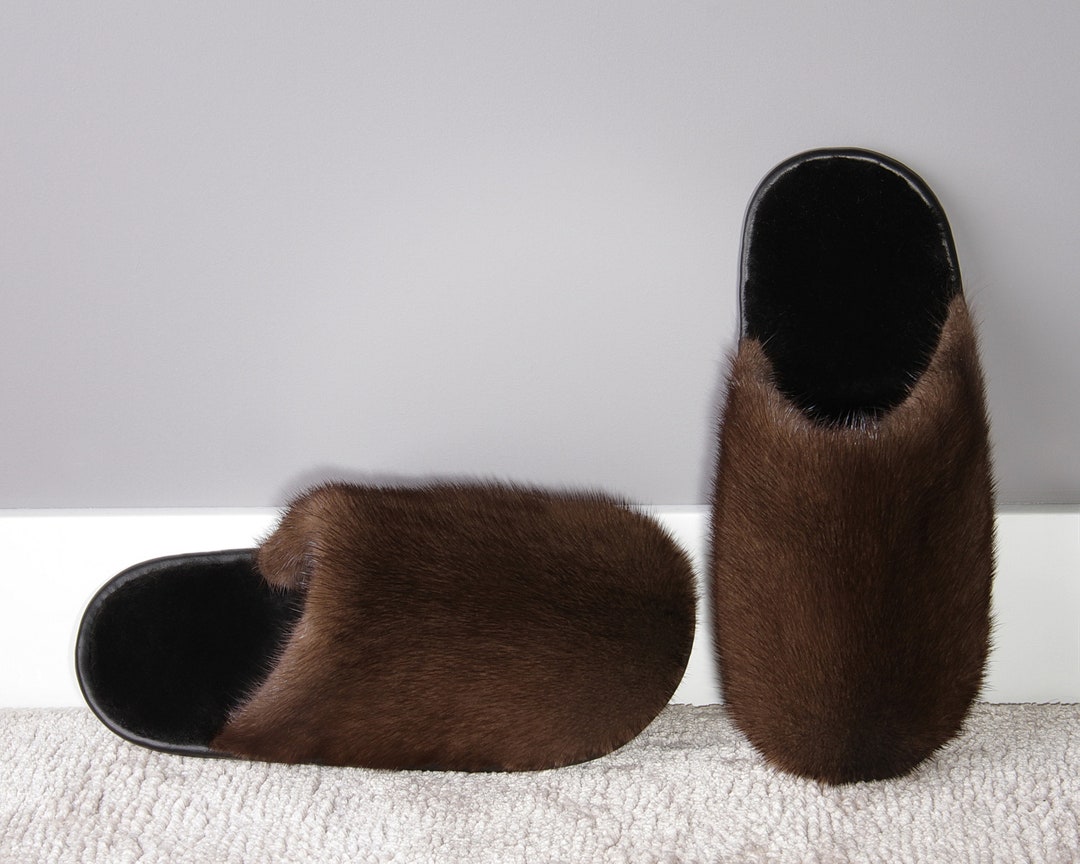 Fur Men Brown Slippers , Mink Slippers, Real Fur House Slippers ...