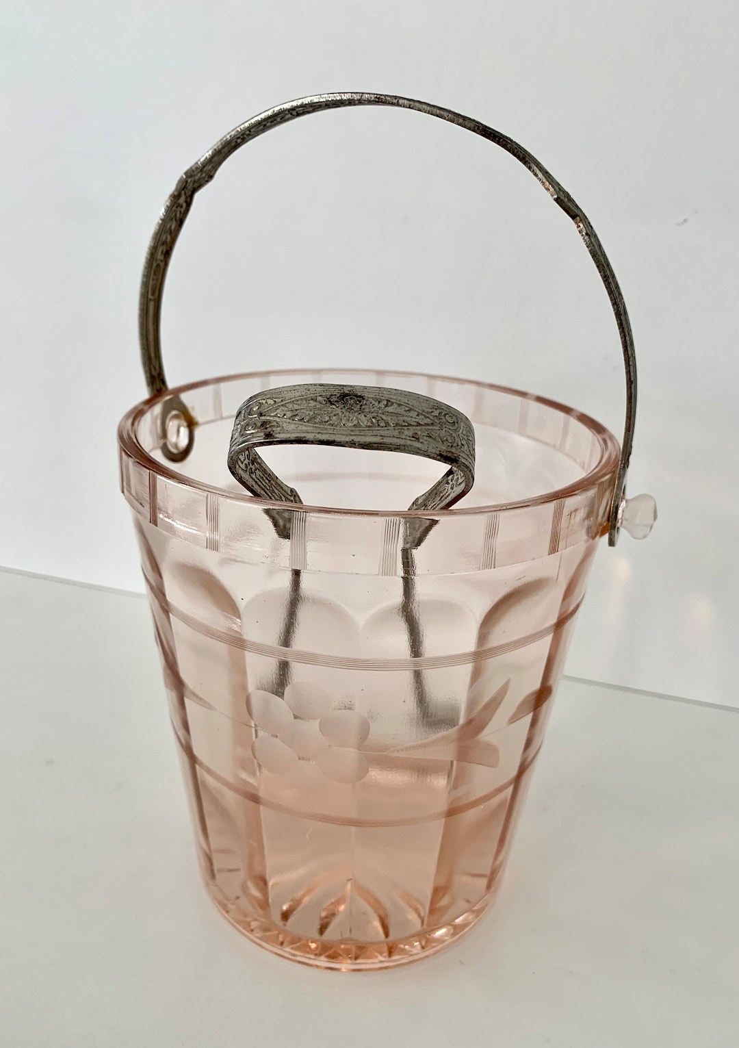 Vintage Pink Depression Glass Ice Bucket Etched Glass Etsy