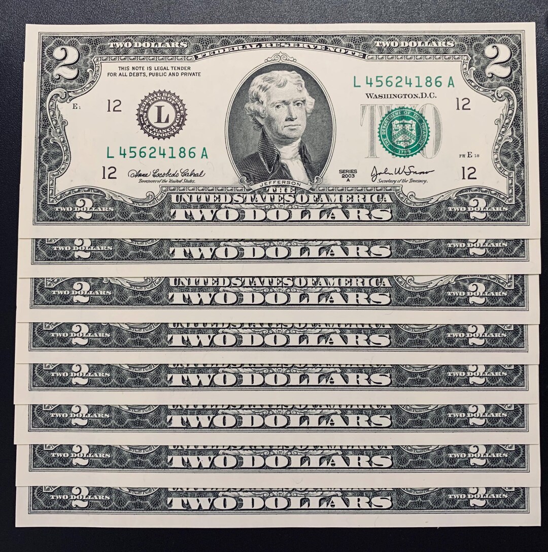 Eight 2003-A Two Dollar Bills Consecutive Notes L 45624186 A-L45624193 ...