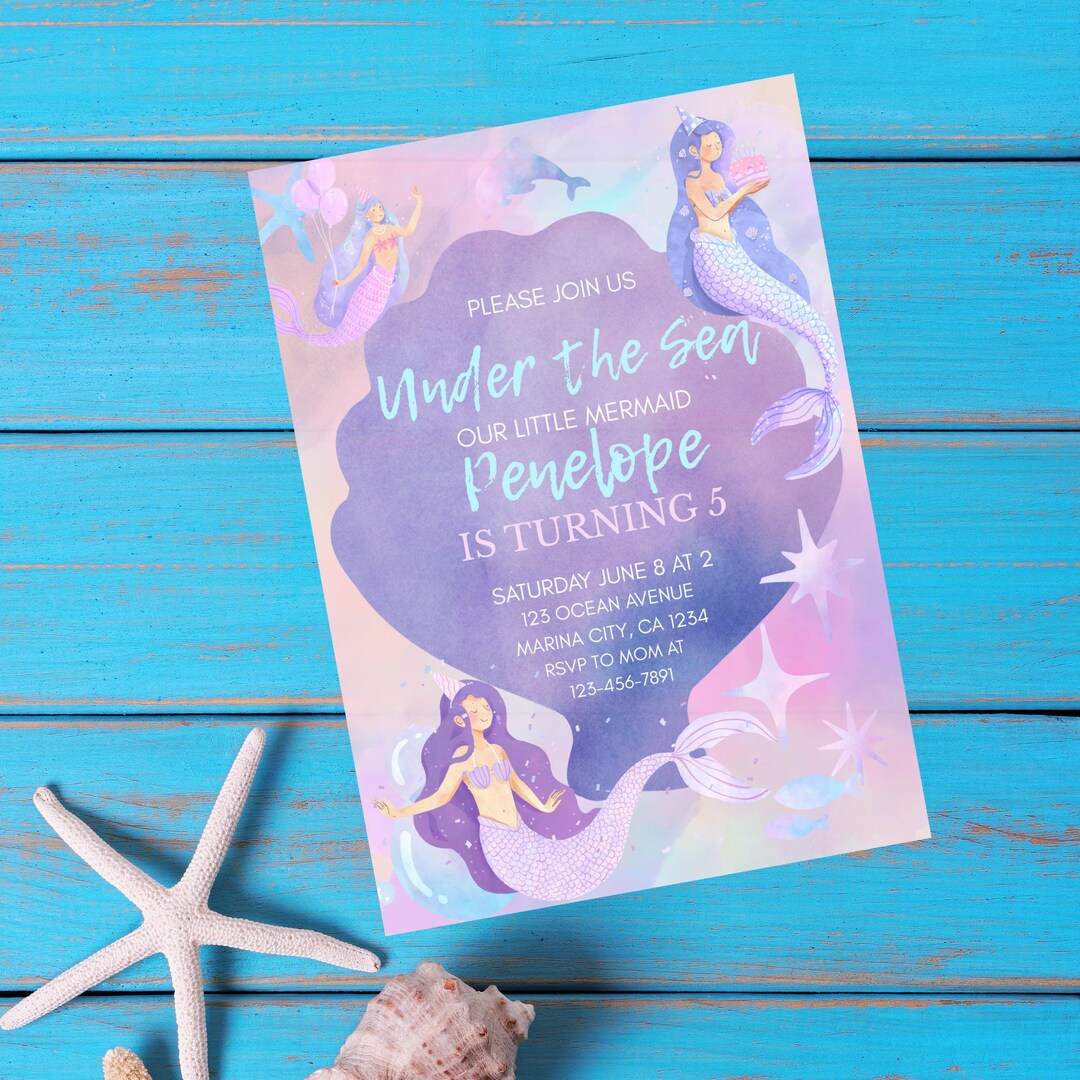 Under the Sea Mermaid Birthday Invitation Editable Pink Purple Girl Any ...