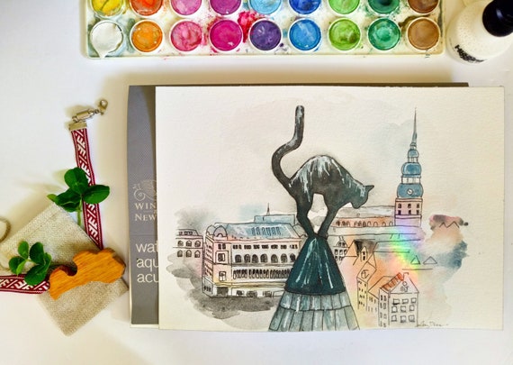 Old Town Riga Cat House Watercolor Painting Old Europe | Etsy