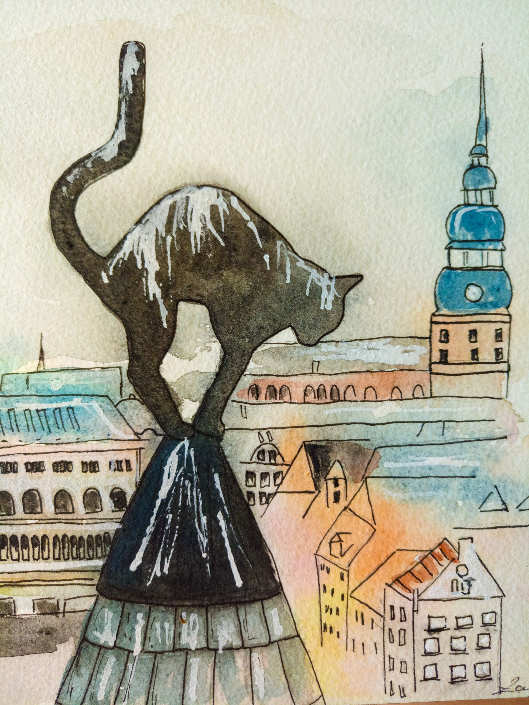 Old Town Riga Cat House Watercolor Painting Old Europe | Etsy