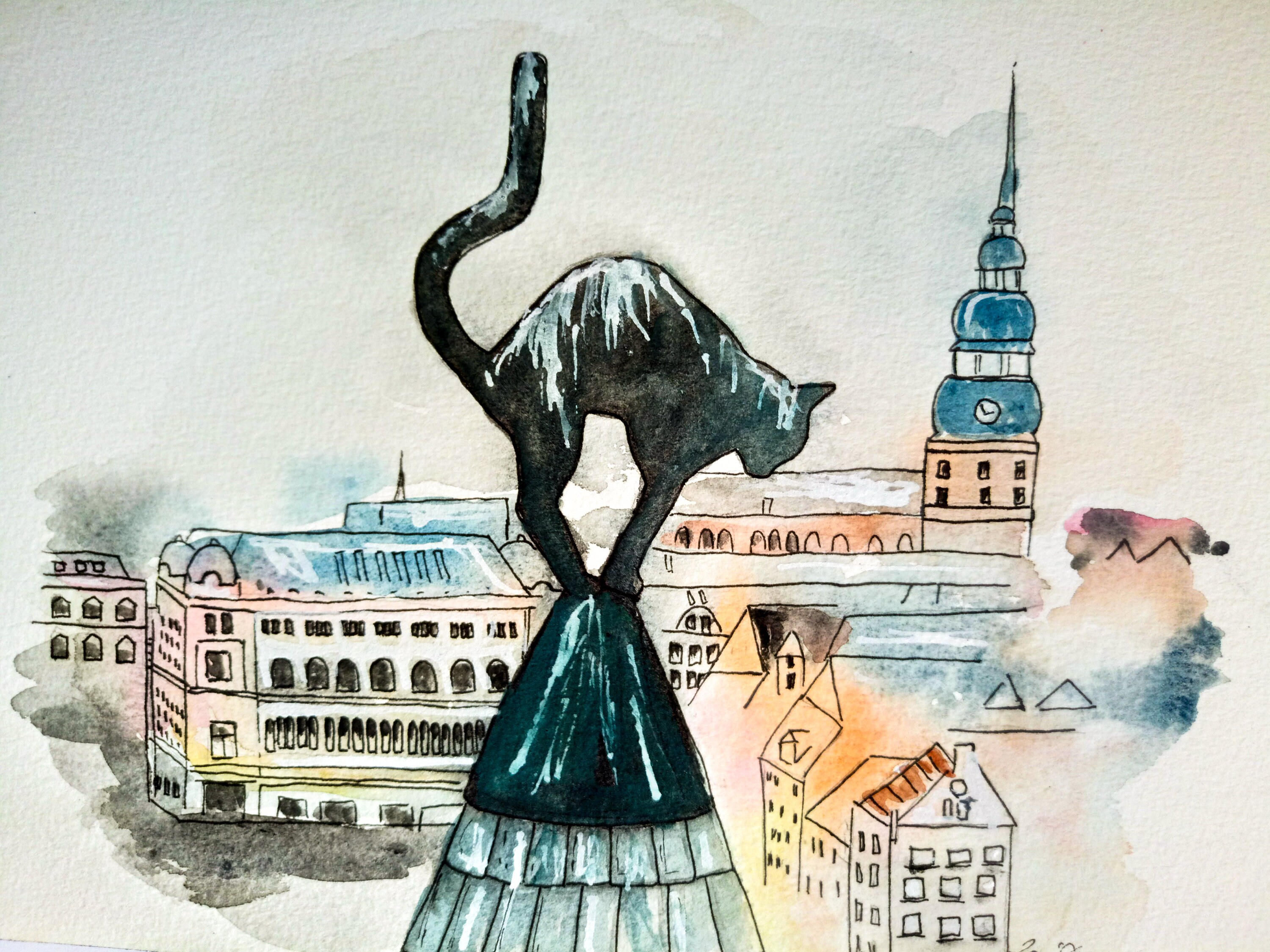 Old Town Riga Cat House Watercolor Painting Old Europe | Etsy