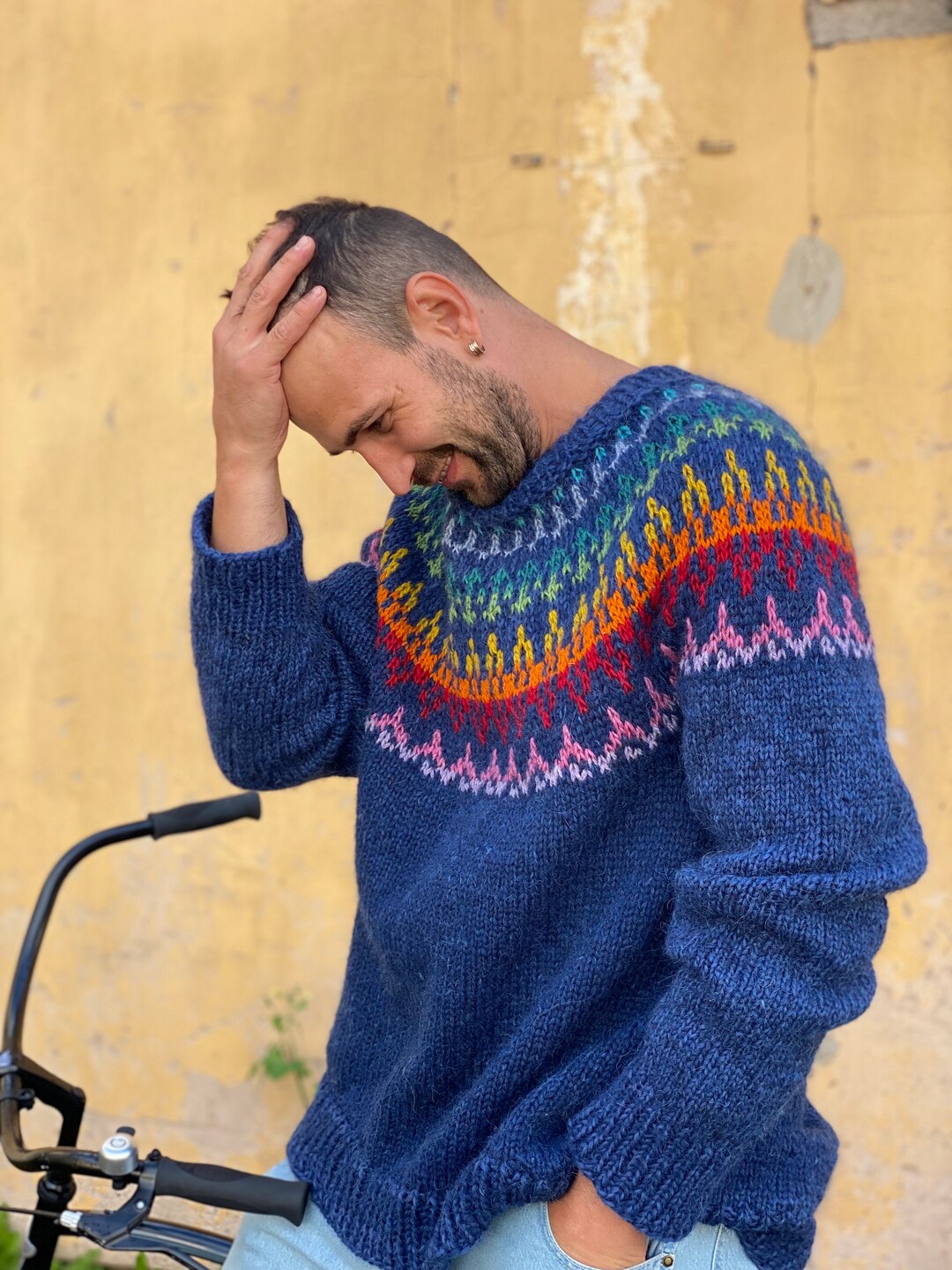 Handmade Blue in Rainbow Sweater, Norwegian Style Jumper, Fair Isle ...