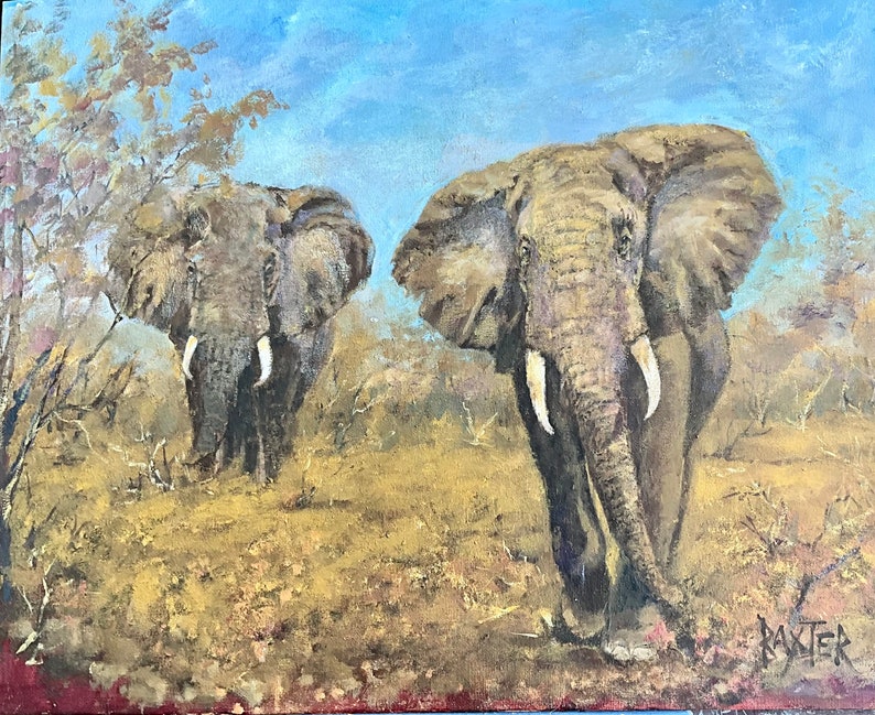 Original Oil Painting of Two Elephants in the African Bush by Barry ...