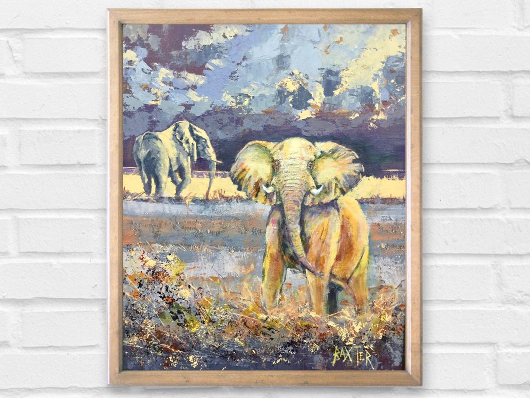 Contemporary but Realistic Painting of Two Elephants With a Threatening ...