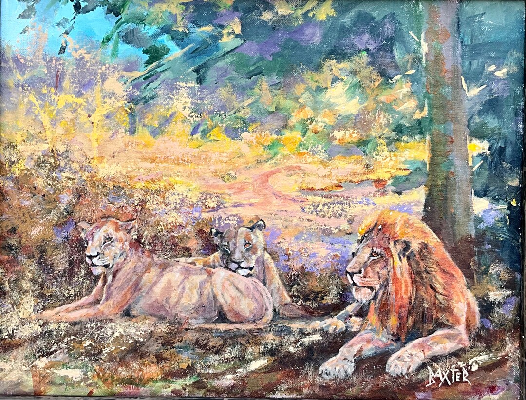 Original Painting of Three Lions Enjoying the Shade by Barry Baxter ...