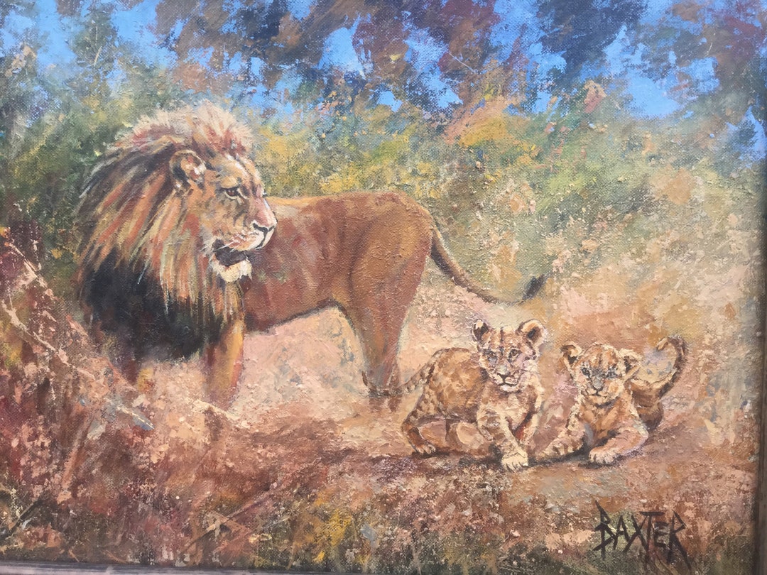 No Print Original African Wildlife Painting of a Male Lion With Cubs by ...