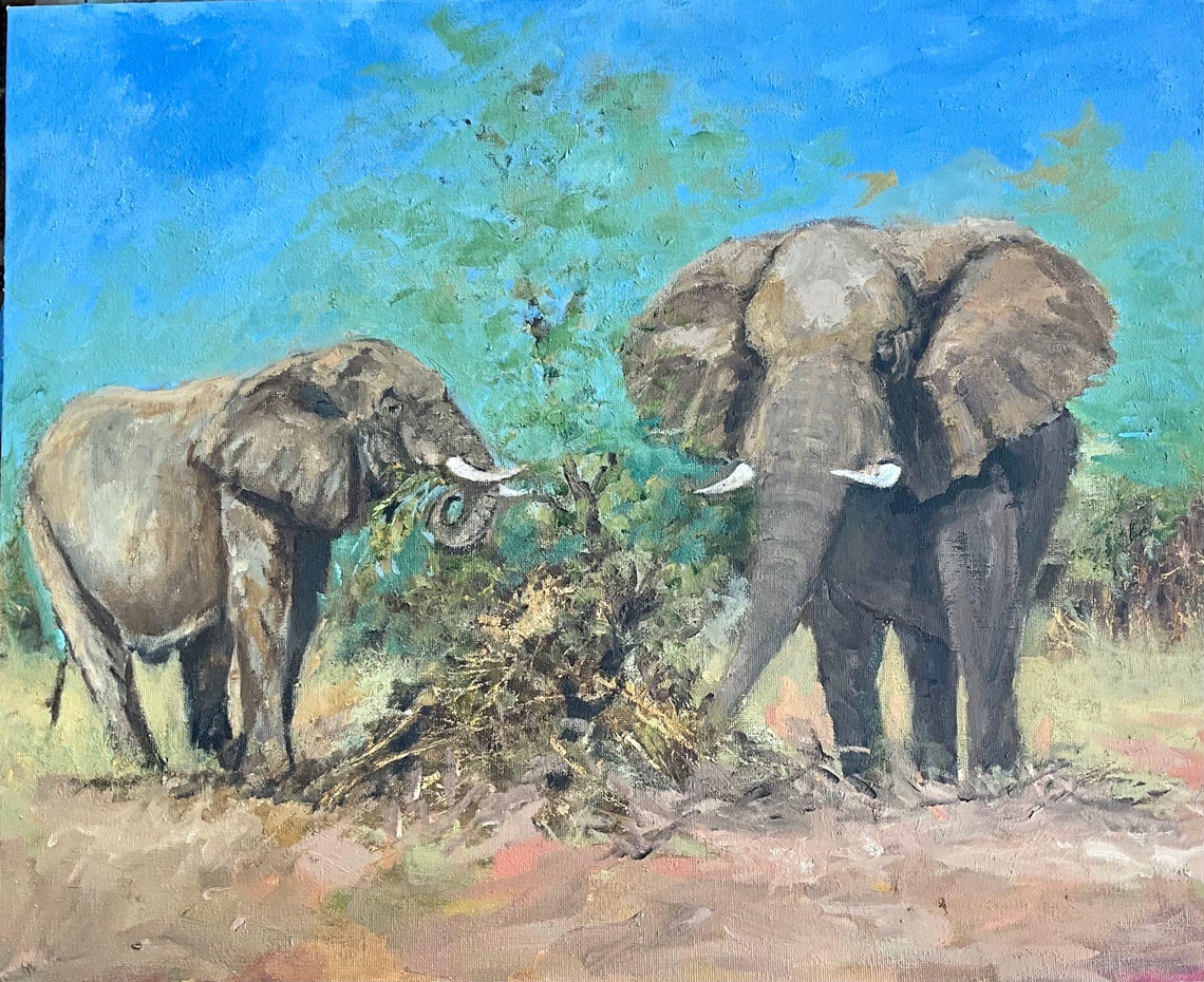 No Print Original Oil Painting of Two Elephants in the African Bush by ...