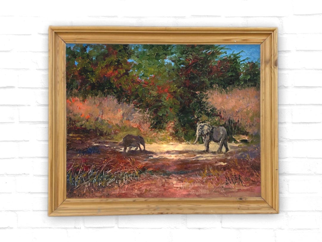 Original Oil Painting, of an African Elephant and Her Calf, 18x14 Inch ...