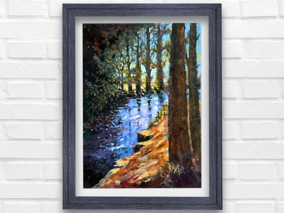 Painting of a Stream Running Through Woodland, Trees Reflecting on the ...