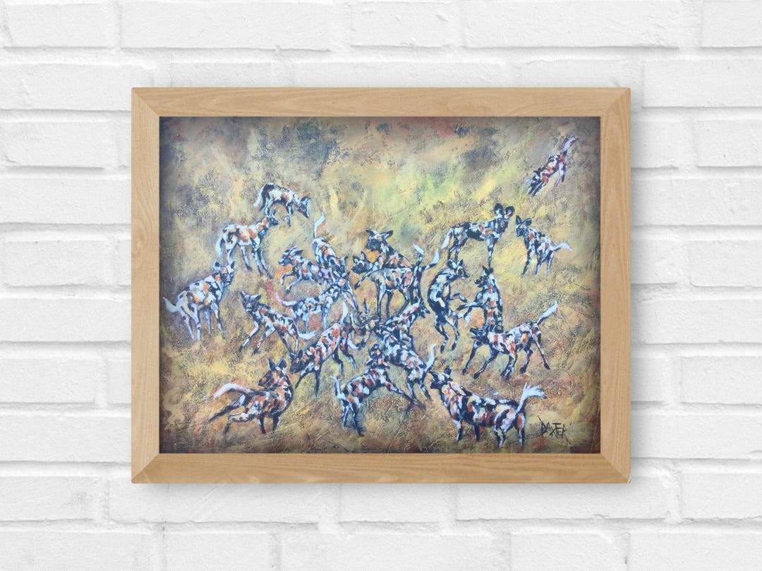 Original Acrylic Oil Painting of a Large Group of African Wild Dogs ...