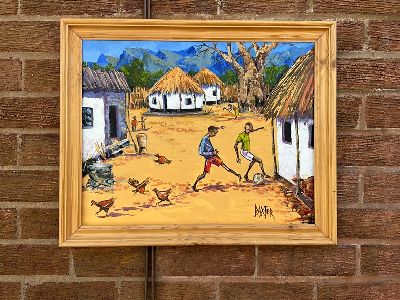 No Print Original Fun Painting of Kids Playing Football in an Africa ...