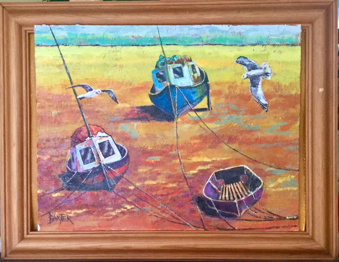 Original Painting of Sea Shore With Boats and Gulls by Barry Baxter ...