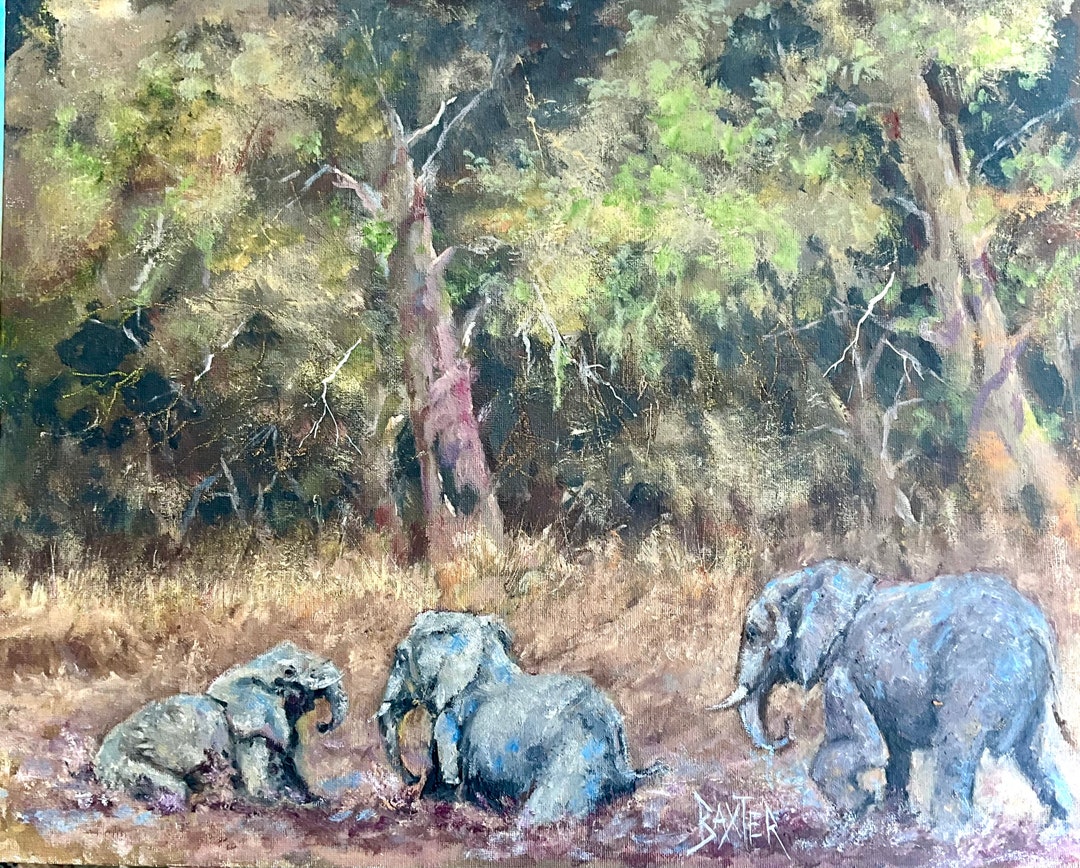 No Print.original Oil Painting of Elephants Bathing in Mud by Barry ...