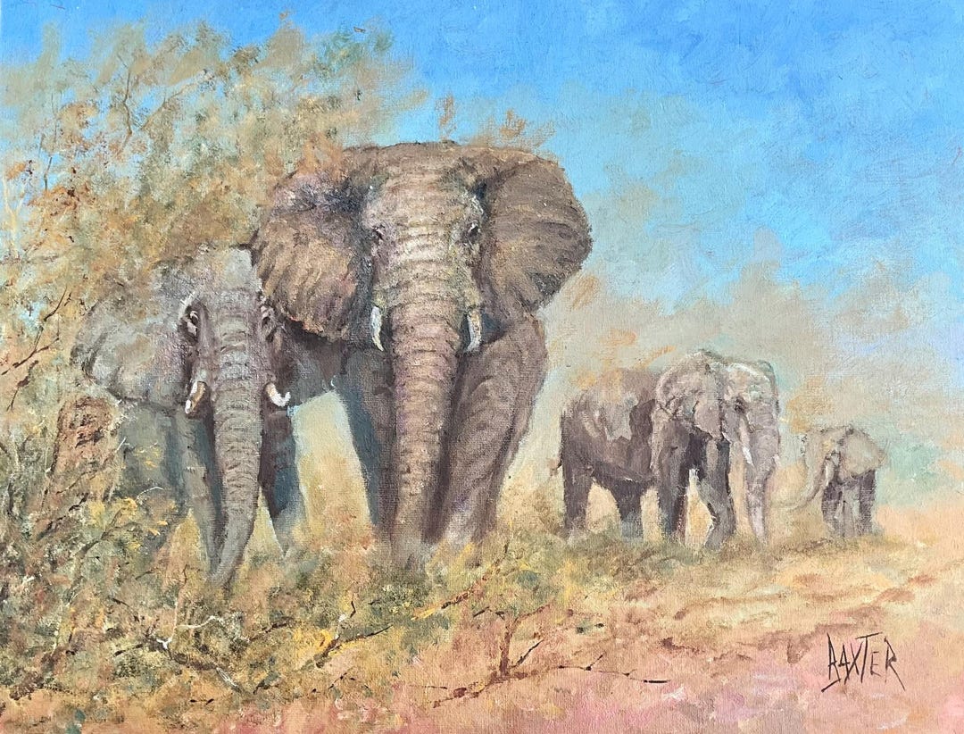 Original Oil Painting of a Small Family of Elephants by Barry Baxter ...