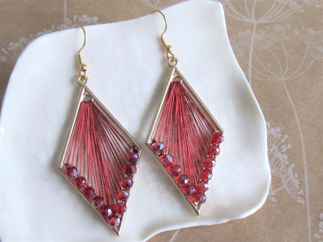 Rhombus Earrings Beaded Earrings Red Earrings Beaded - Etsy