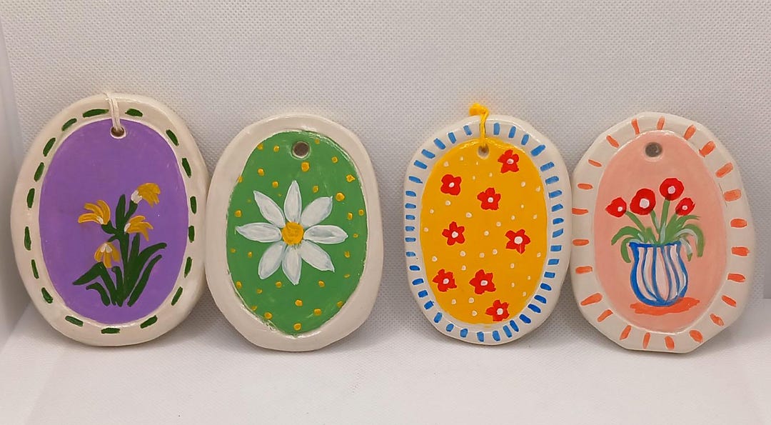 Set of 4 Ceramic Objects With Flower Designs - Handmade - Etsy