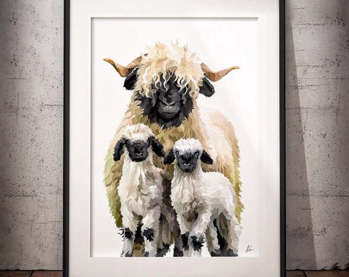 Valais Blacknose Sheep Painting Valais Blacknose Sheep Lamb Art Print ...
