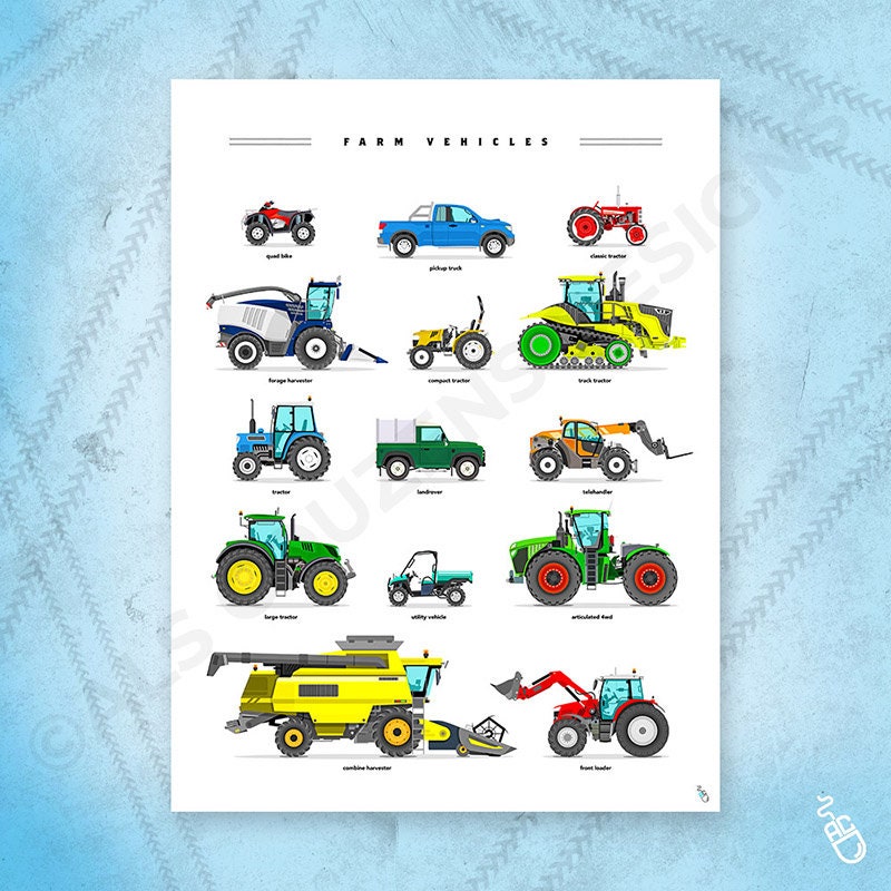 Farm Vehicles Poster - Farm Vehicles Art Print - Tractor Poster ...
