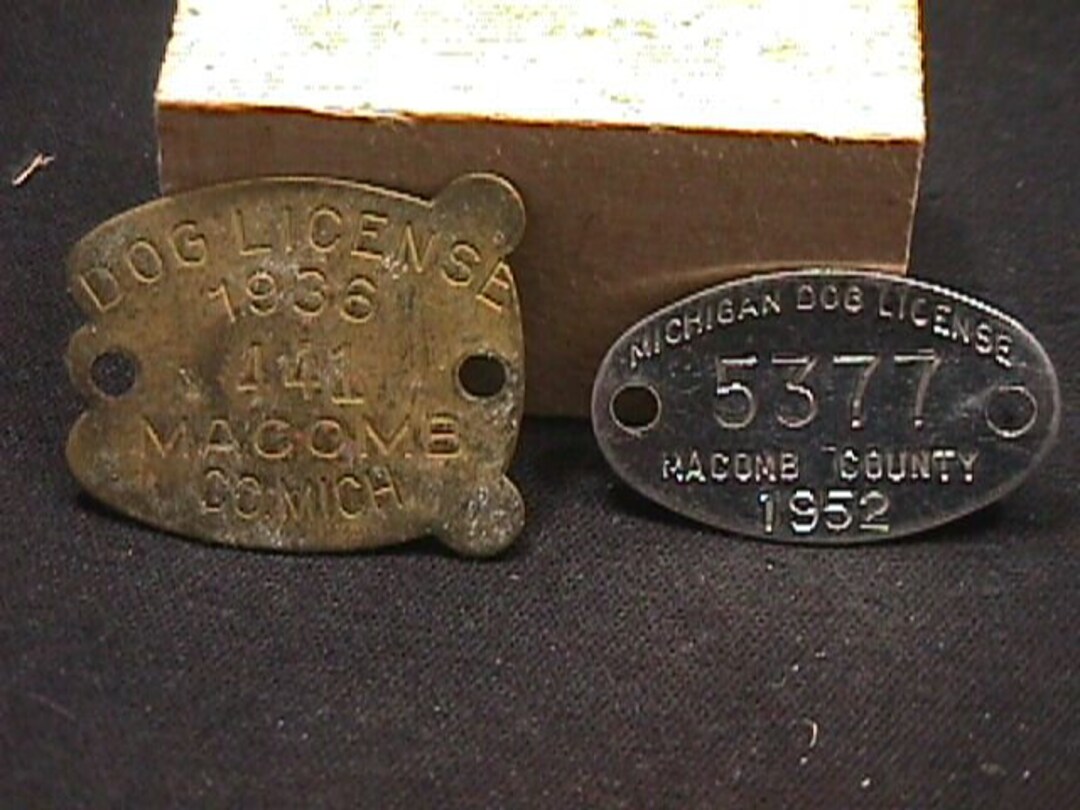 Two Antique Macomb County, Michigan Dog License Tags From 1936 & 1952 ...