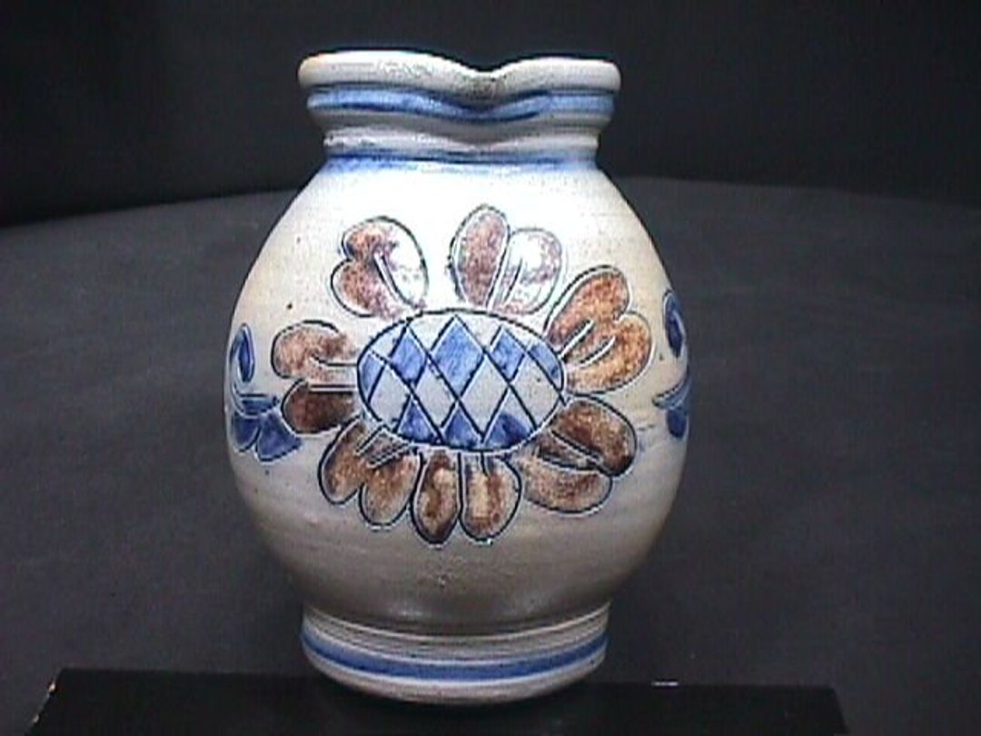 Vintage Grey & Blue Trim Stoneware Pottery Large Pitcher Ready - Etsy