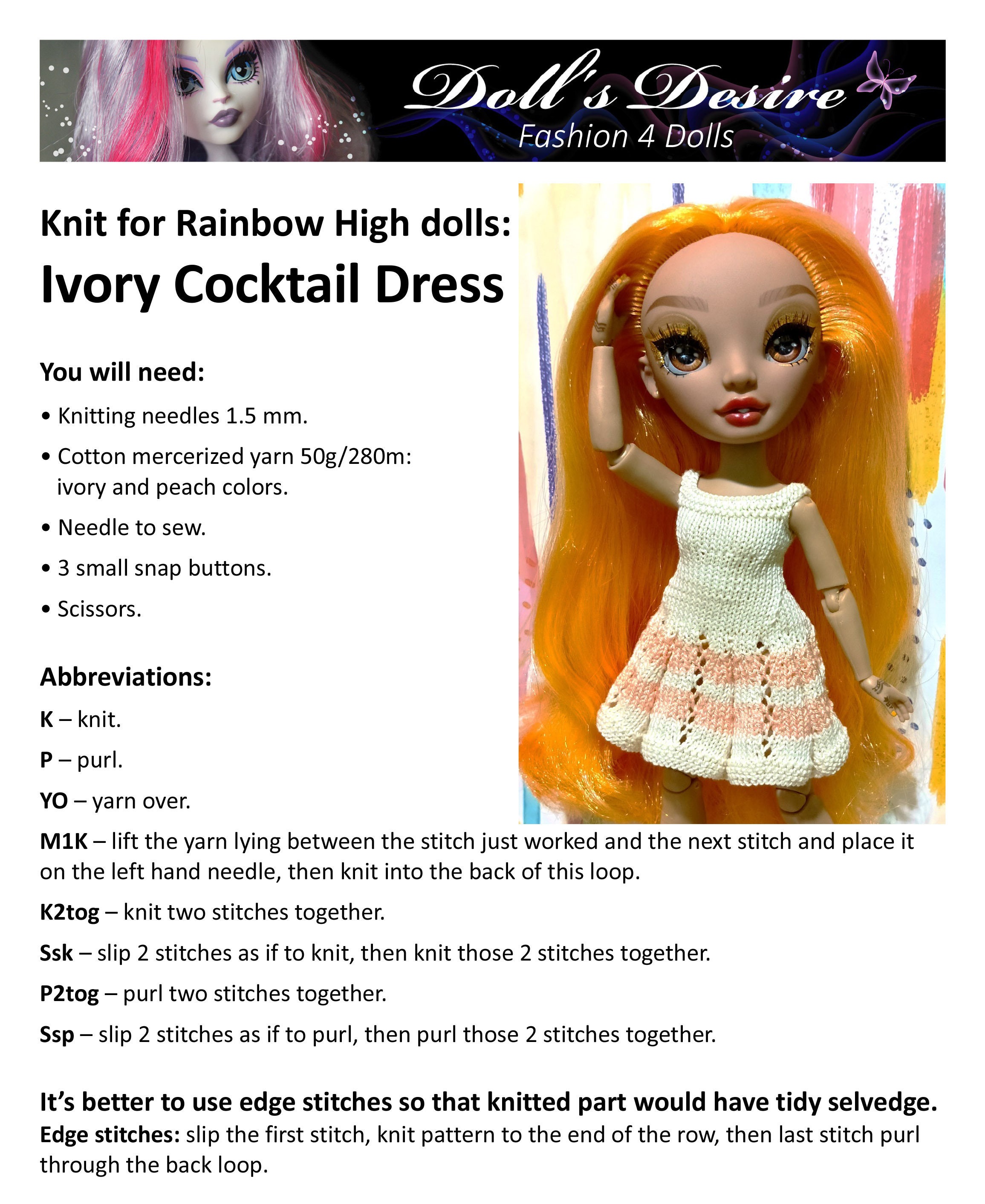PDF Pattern Knitted Ivory Cocktail Dress for Rainbow Dolls ...