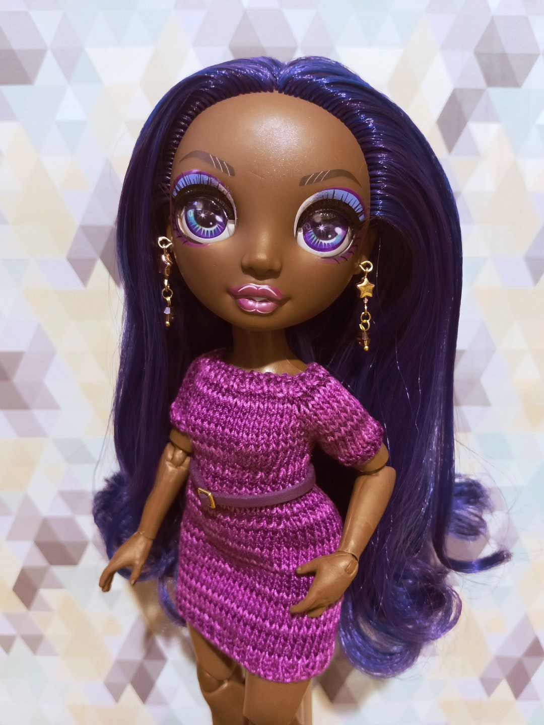 Doll Clothes Set - Knitted Dress, Belt, Earrings for Rainbow or Shadow ...