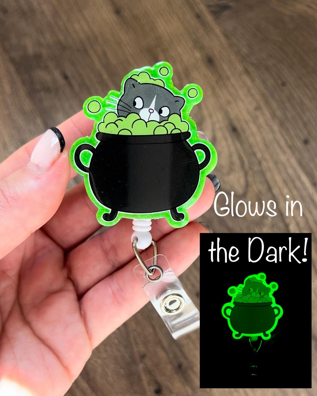 Halloween Black Cat Cauldron Glow in the Dark Badge Reel | Nurse Badge ...