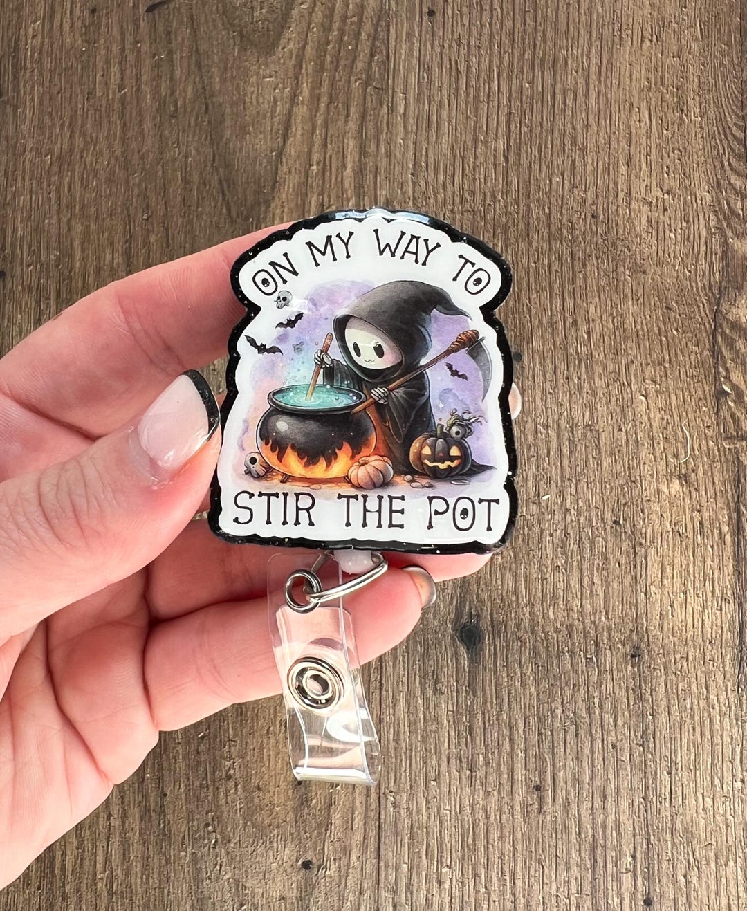 On My Way to Stir the Pot Skeleton Badge Reel | Nurse Gift | Glitter ...