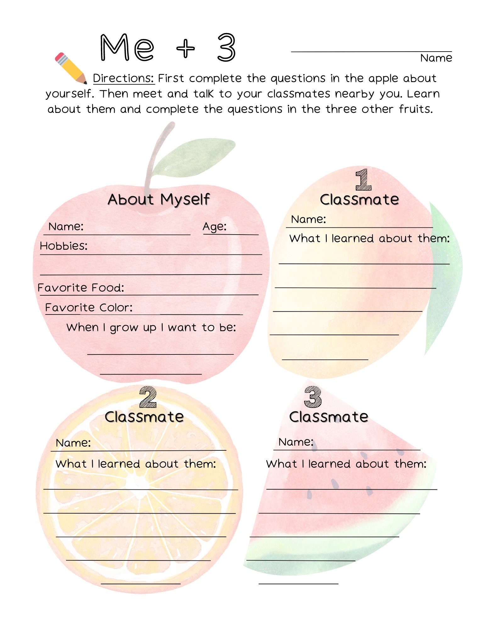 Printable - Me + 3 - Activity Worksheet for First Week of School - Ice ...