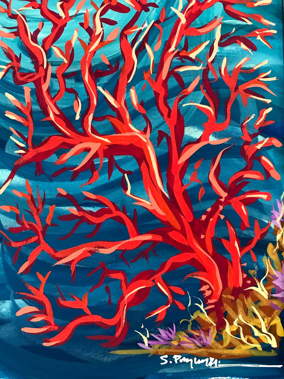 Red Ocean Coral, Original Acrylic Gouache Painting - Etsy