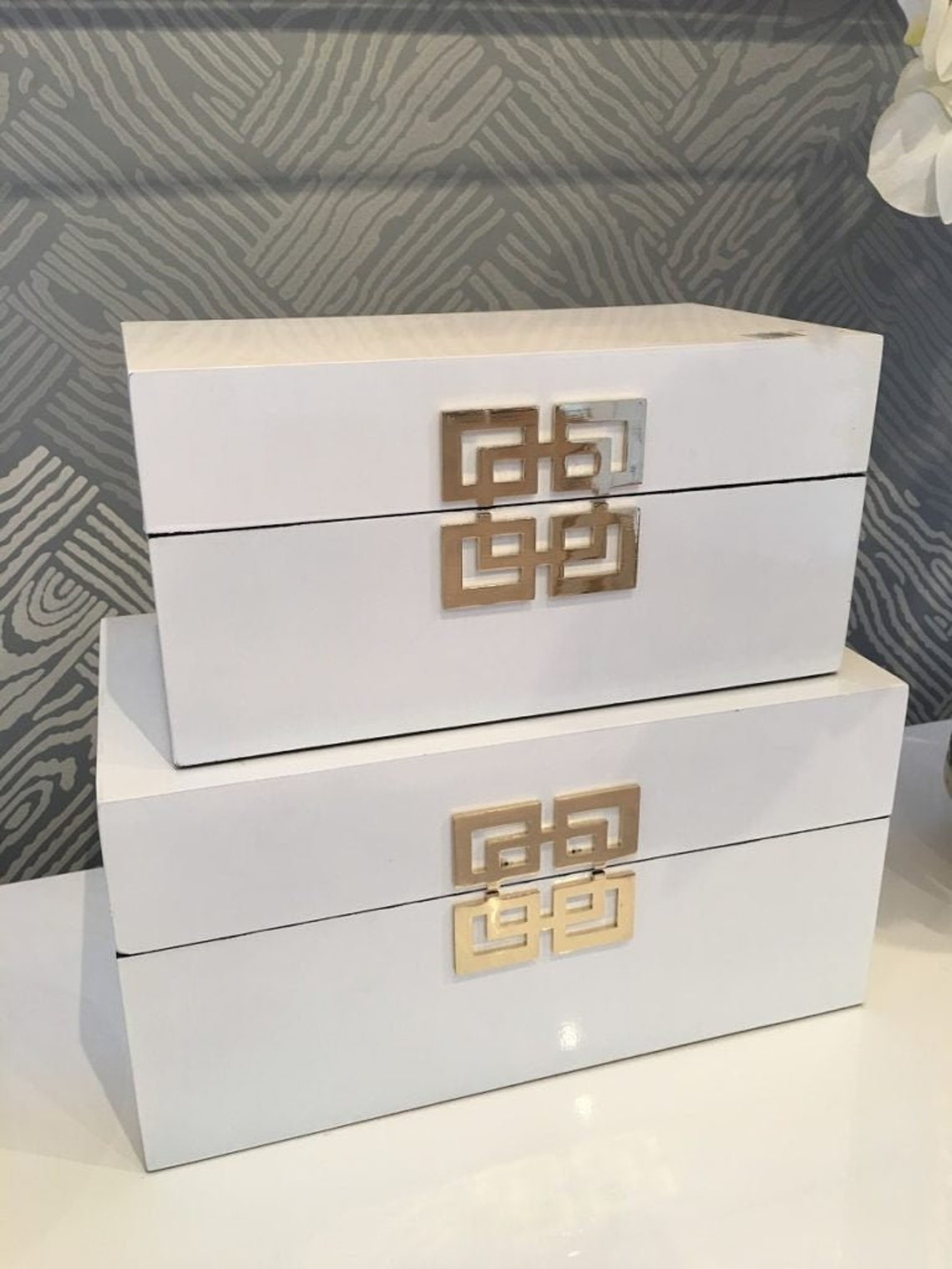 Set of 2 White Storage Boxes White & Gold Decorative Box Set | Etsy
