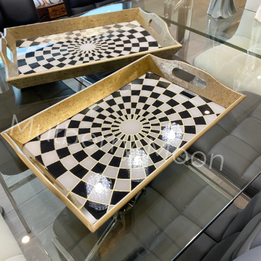 Large Antique Gold Tray With Check Design Serving Drinks Tray Garden ...