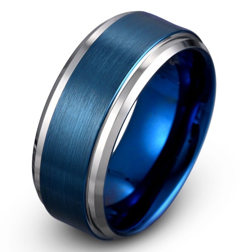Blue Tungsten Wedding Band Mens Wedding Ring 8mm Ring Mens - Etsy