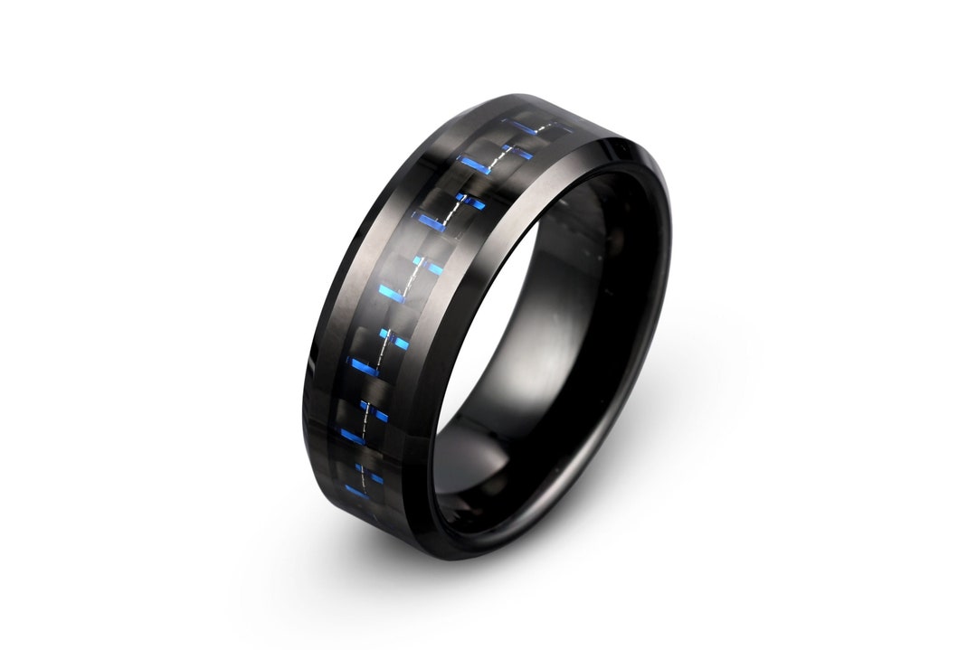 Blue Carbon Fiber Ring | Mens Wedding Band | Black Tungsten Ring ...