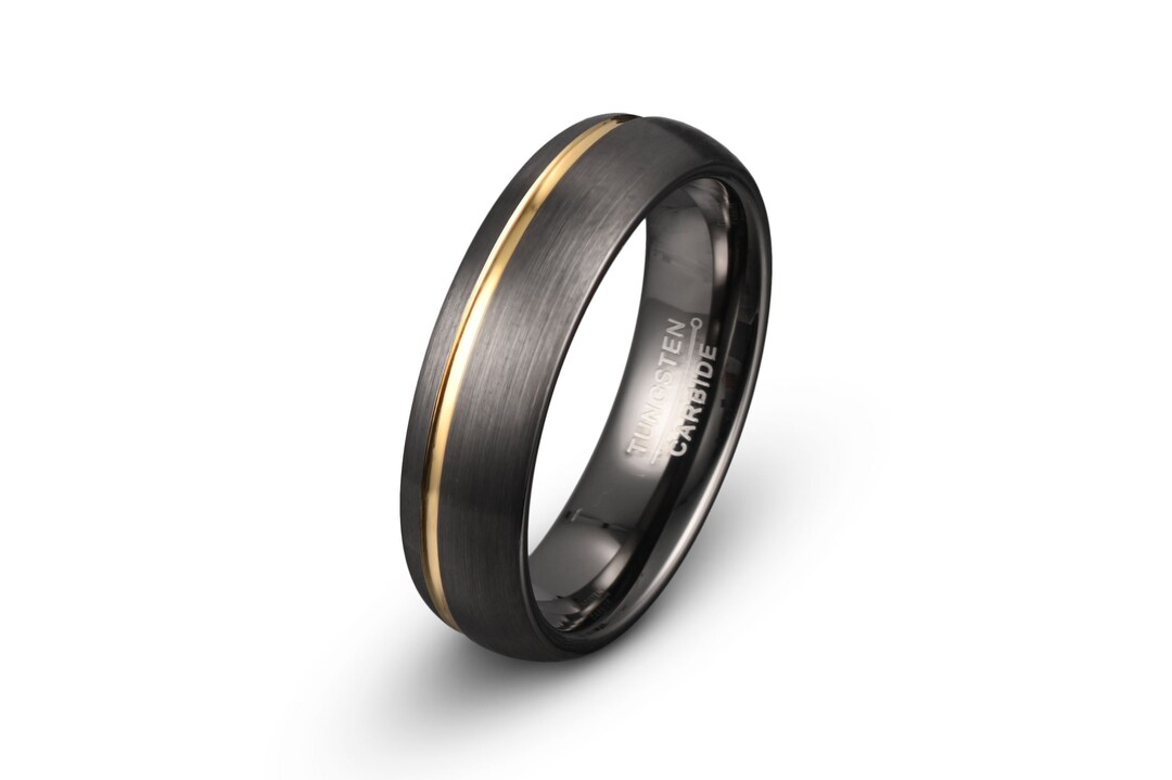 Gunmetal Tungsten Ring Mens Women's Wedding Band Brushed Gold Inlay ...