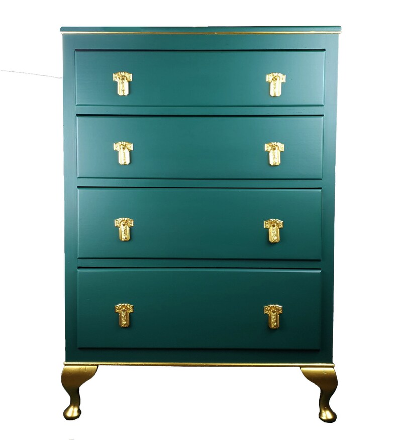 SOLD - Large Vintage Oak Painted Chest of Drawers Dark Green With Gold ...
