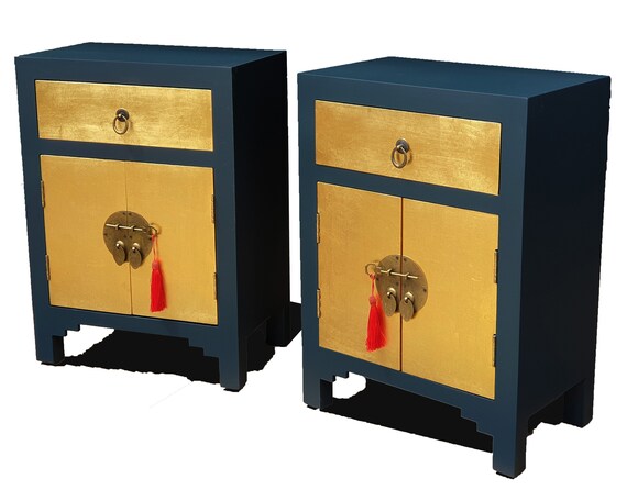 SOLD Pair of Blue and Gold Leaf Bedside Cabinets or End Table Lamps Chinese Inspired Etsy