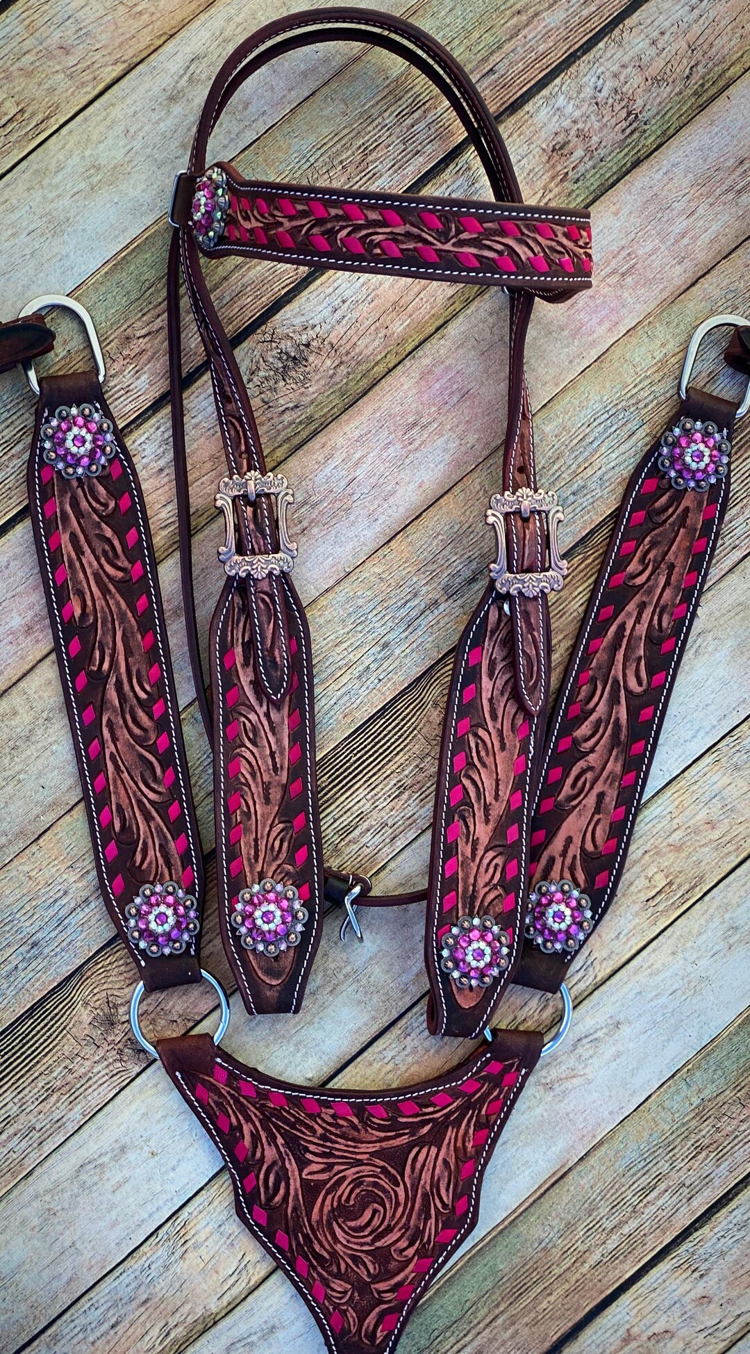 Tooled Tack Set With Pink Buckstitch - Etsy