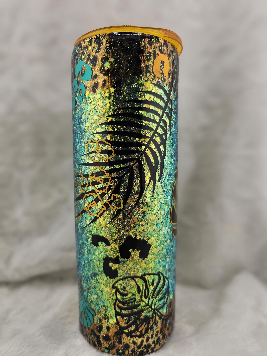 Tropical & Safari Glitter Tumbler 20oz Skinny Iridescent Monstera Leaf ...