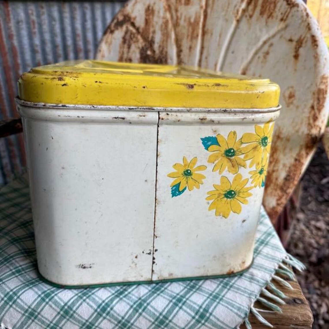 Vintage Metal Yellow Floral Bread Box - Etsy