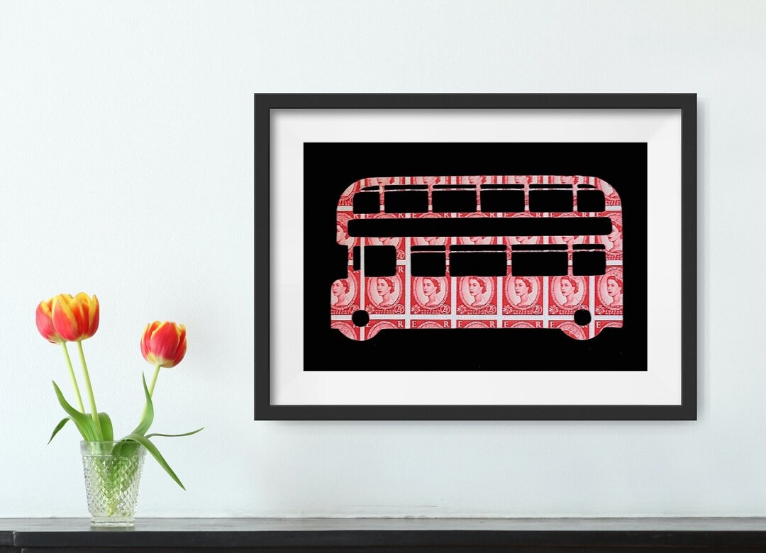 London Bus Wall Art, Queen Elizabeth II Real British Postage Stamps ...