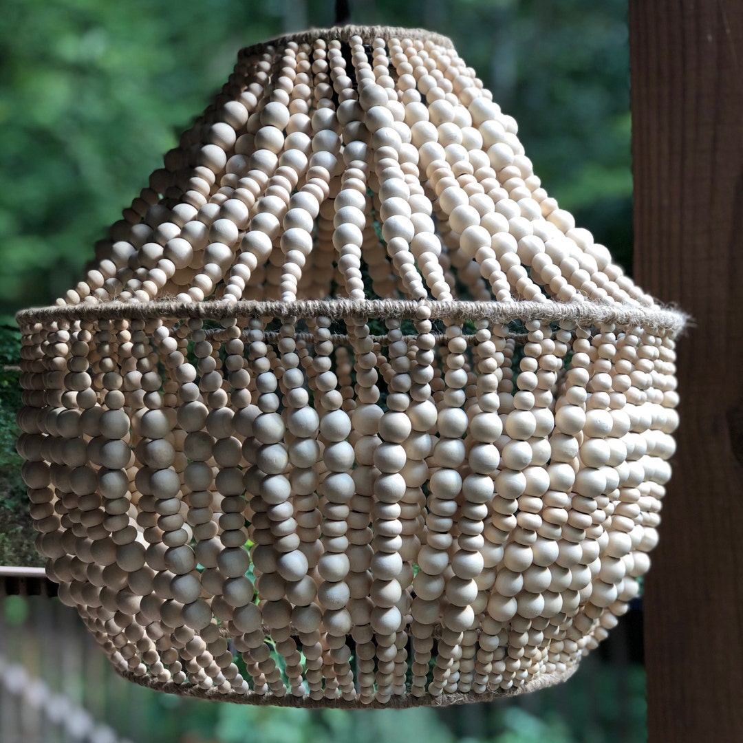 Wood Beaded Pendant Light, Hanging Chandelier, Beaded Light Fixture ...