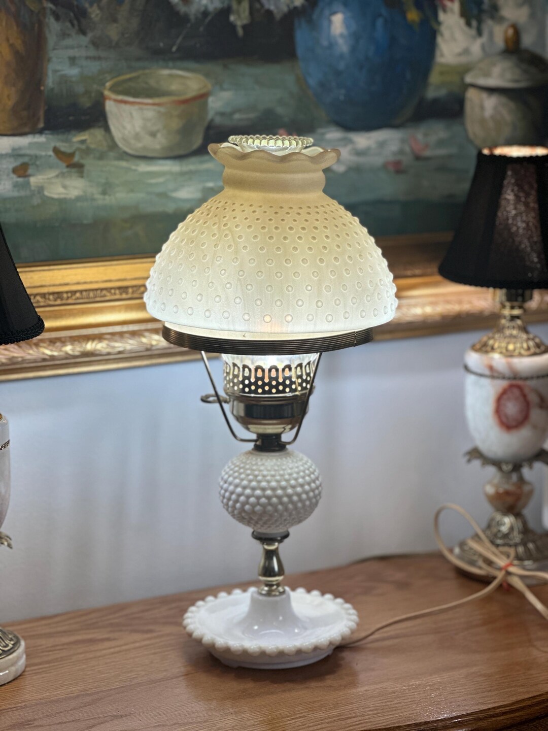 Vintage Milk Glass Hobnail Hurricane Table Lamp, Cottage Core Lamp ...