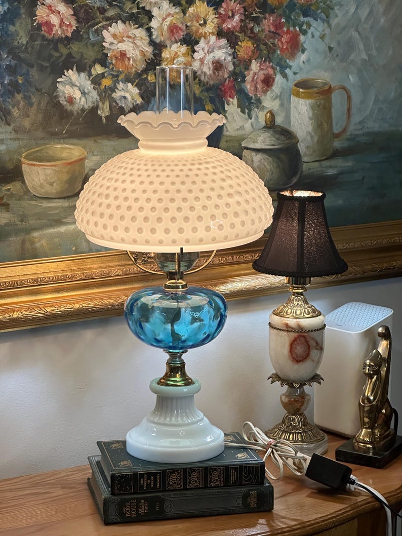 Beautiful Vintage Blue Glass Lamp With Milk Glass Shade & Base – Brass ...
