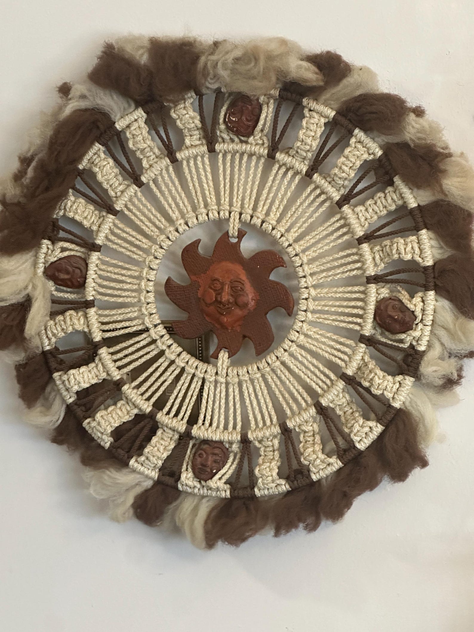 Vintage 1970s Macrame Wall Hanging | Sun Motif With Face Carvings | Mid ...