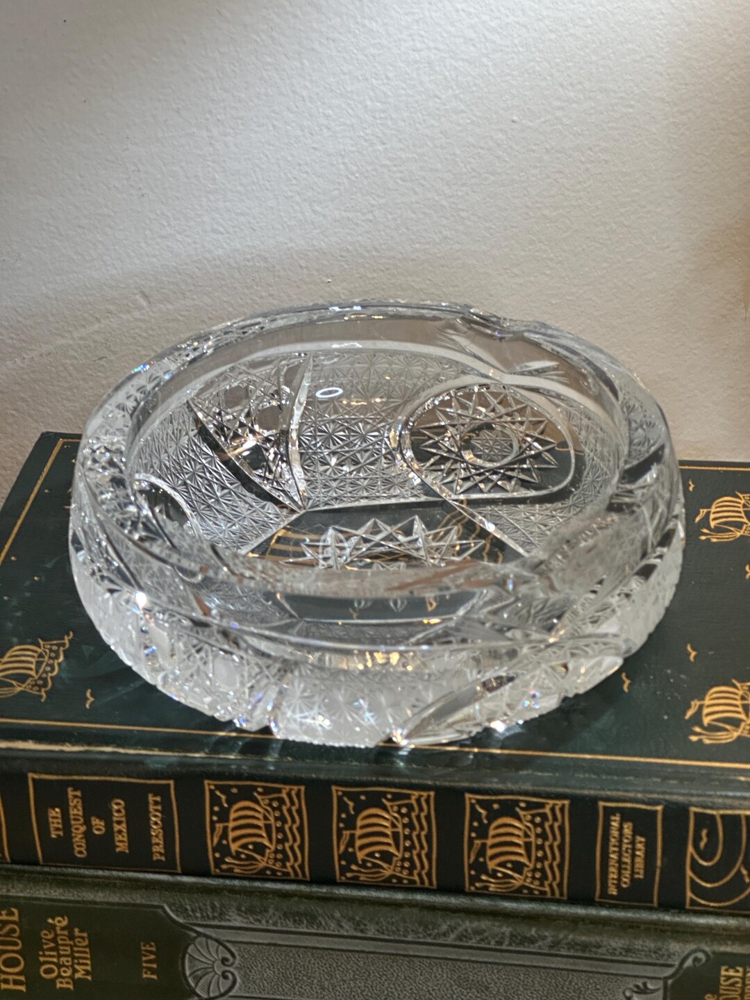 Vintage Heavy Lead Cut Crystal Cigar Ashtray, Etched Pinwheel Pattern ...